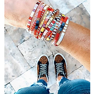 Sonateomber Zebra Black White Gold Tila Flat Beads Stretch Strand Bracelet for Women Girls - Trendy Unique Friendship Handmade Mixed Colorful Square Beaded Miyuk Beach Link Bracelets Stack Jewelry Gifts