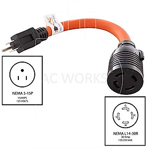 AC WORKS Generator to Transfer Switch L14-30 Inlet Box Adapter (15Amp Household to L14-30 Flexible)