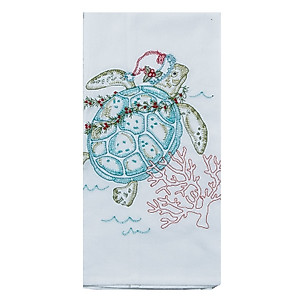 Holiday Sea Turtle Santa Hat Embroidered Christmas Flour Sack Kitchen Dish Towel