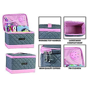 Everything Mary Collapsible Sewing Kit Organizer Box, Pink & Grey - Supplies Storage Basket for Supplies and Accessories - Organization for Thread, Needles, Notions & Scissors - Portable Craft Caddy