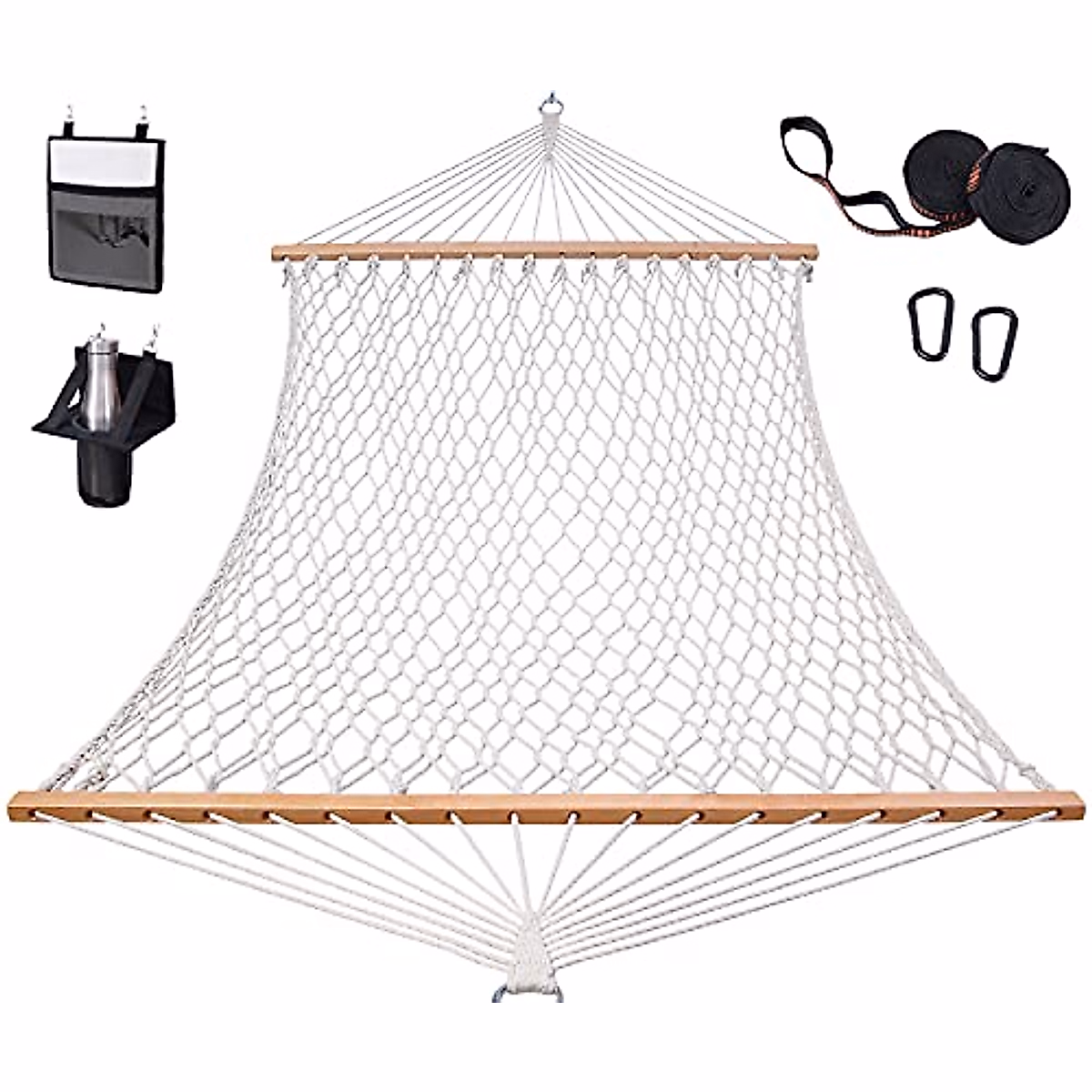 Cotton Rope Hammock with Tree Straps Kit, Ohuhu 52-Inch Wide 2 Person Hammocks for Outside with Bottle Holder & Side Pocket, All-in-One Double Hammock for Indoor Outdoor Garden Patio Yard Balcony
