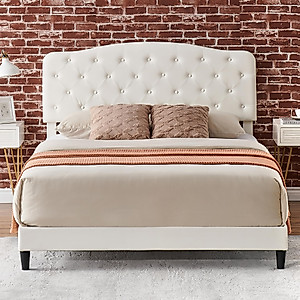 IDEALHOUSE Queen Bed Frame with Headboard Adjustable, Leather Platform Bed Upholstered Queen Size, Button Tufted Mattress Foundation, Wooden Slat Support, No Box Spring Needed, White