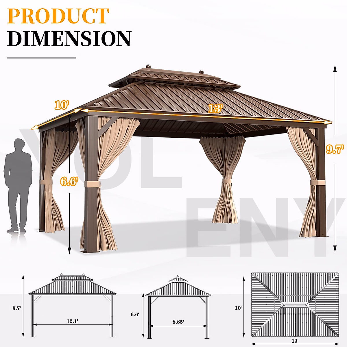 YOLENY 10' X 13' Hardtop Gazebo Galvanized Steel Outdoor Patio Gazebo Canopy Double Roof Pergolas Aluminum Frame with Netting and Curtains for Garden, Patio, Lawns, Parties