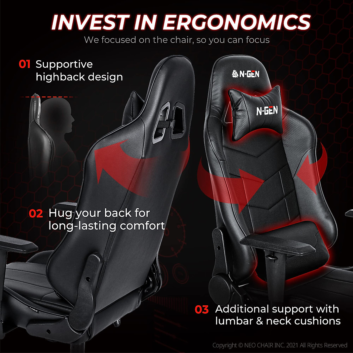 N-GEN Gaming Chair Computer Ergonomic Office Adjustable Lumbar Support Racing Style High Back Desk Headrest Swivel Executive E-Sports Video Game PC Leather Height Reclining (1. Black)