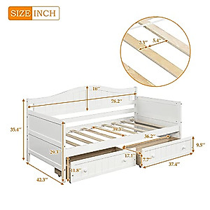 Sturdy Wood Twin Size Bed Frame Twin Wooden Daybed with 2 Drawers,?Sofa Bed for Bedroom Living Room,No Box Spring Needed,White