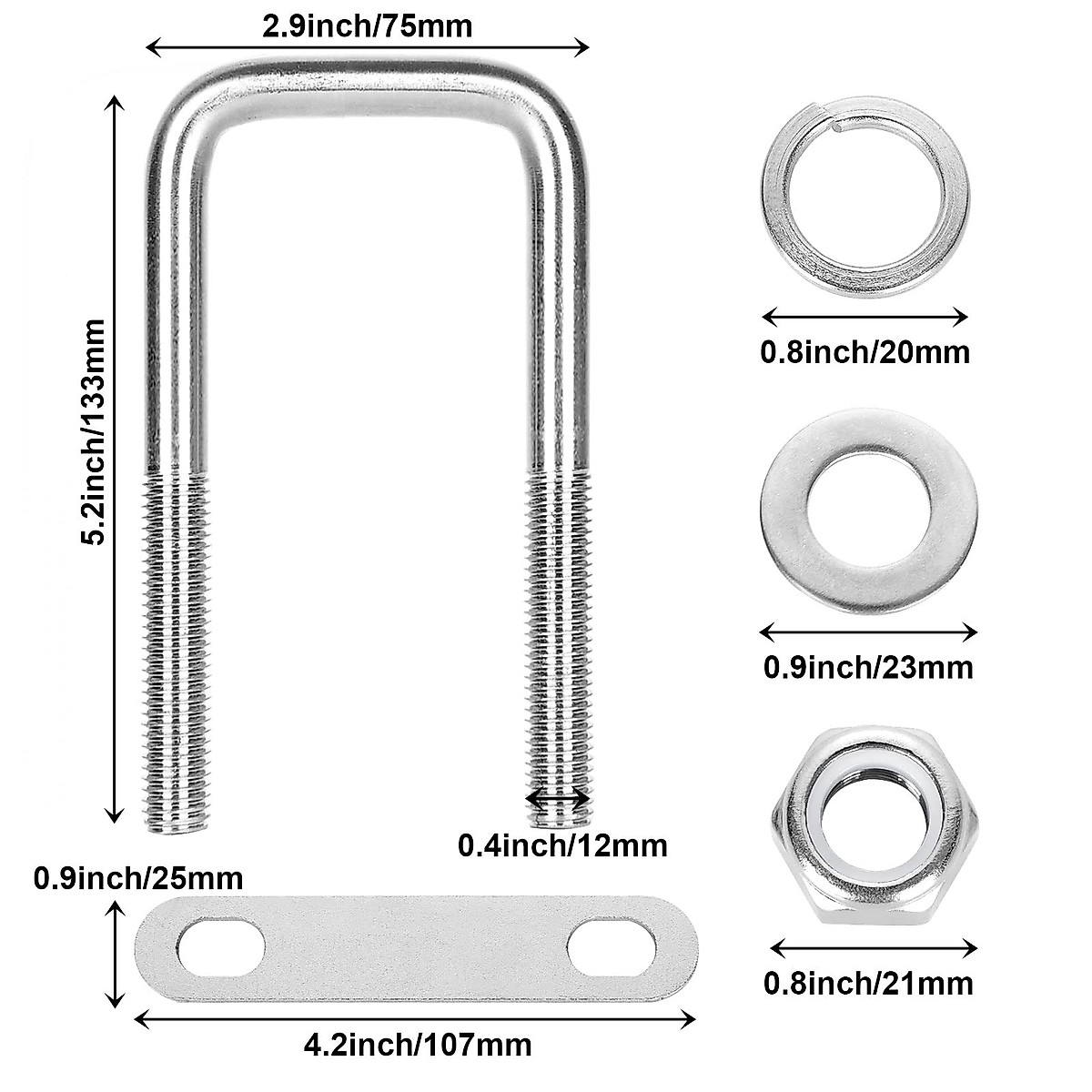 4Pack Square U-Bolts 2-1/16" W x 4-3/4" L, 304 Stainless Steel U Bolts M12 with Washers & Nuts for Replacement Parts and Accessories for Ski Boat, Fishing Boat or Sailboat Trailer