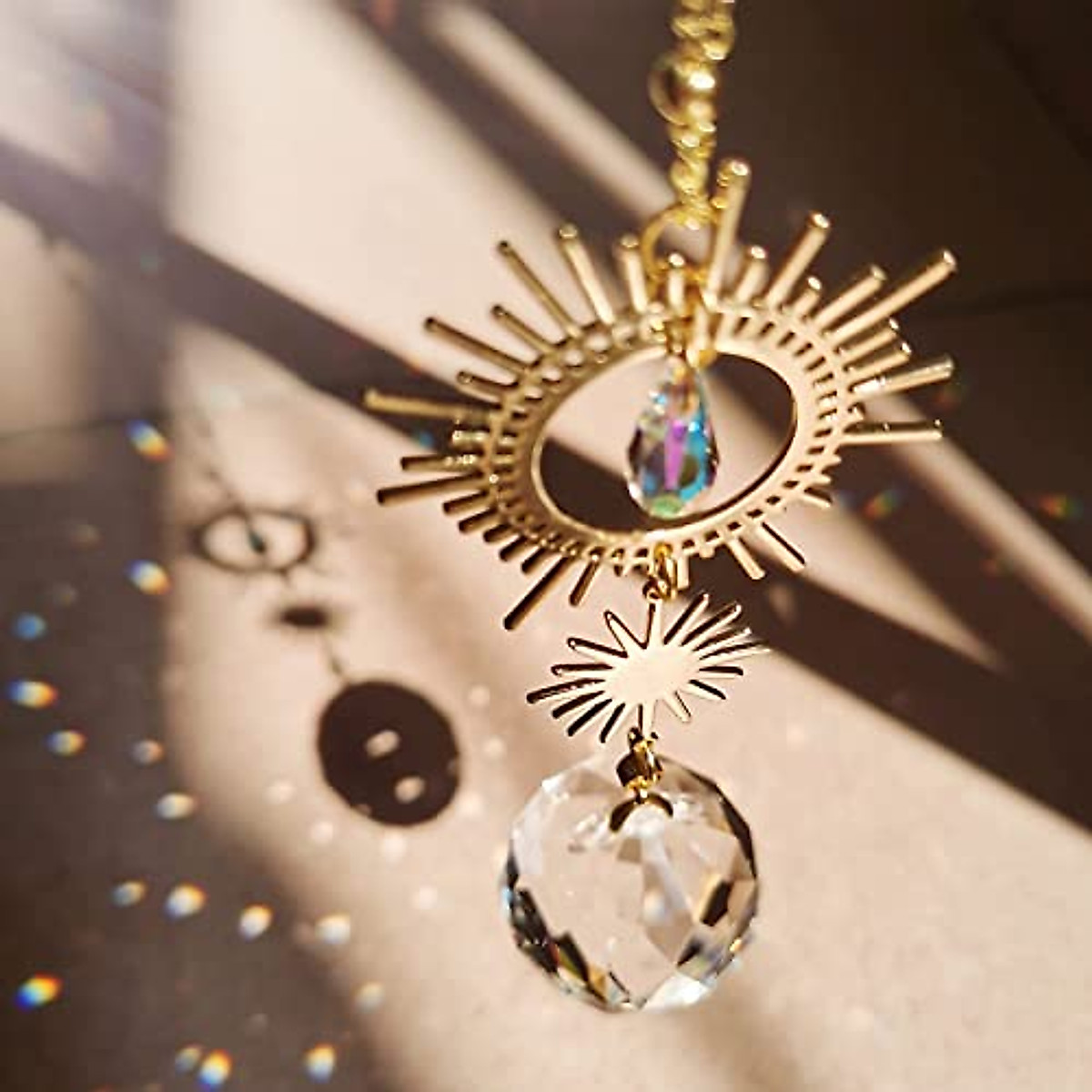 Boho Suncatcher for Window, Handmade Crystal Suncatcher Beads Ornament, Hanging Crystal Window Prism Ball Pendant, 30mm Rainbow Maker Decor Gift, Stained Glass Sun Catchers for Garden Car Decoration