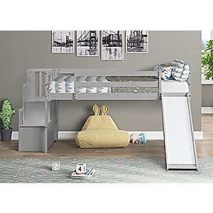 Longrune Twin Floor Loft Bed with Slide and Storage Staircase, Saving Space, for Kids Bedroom, Grey