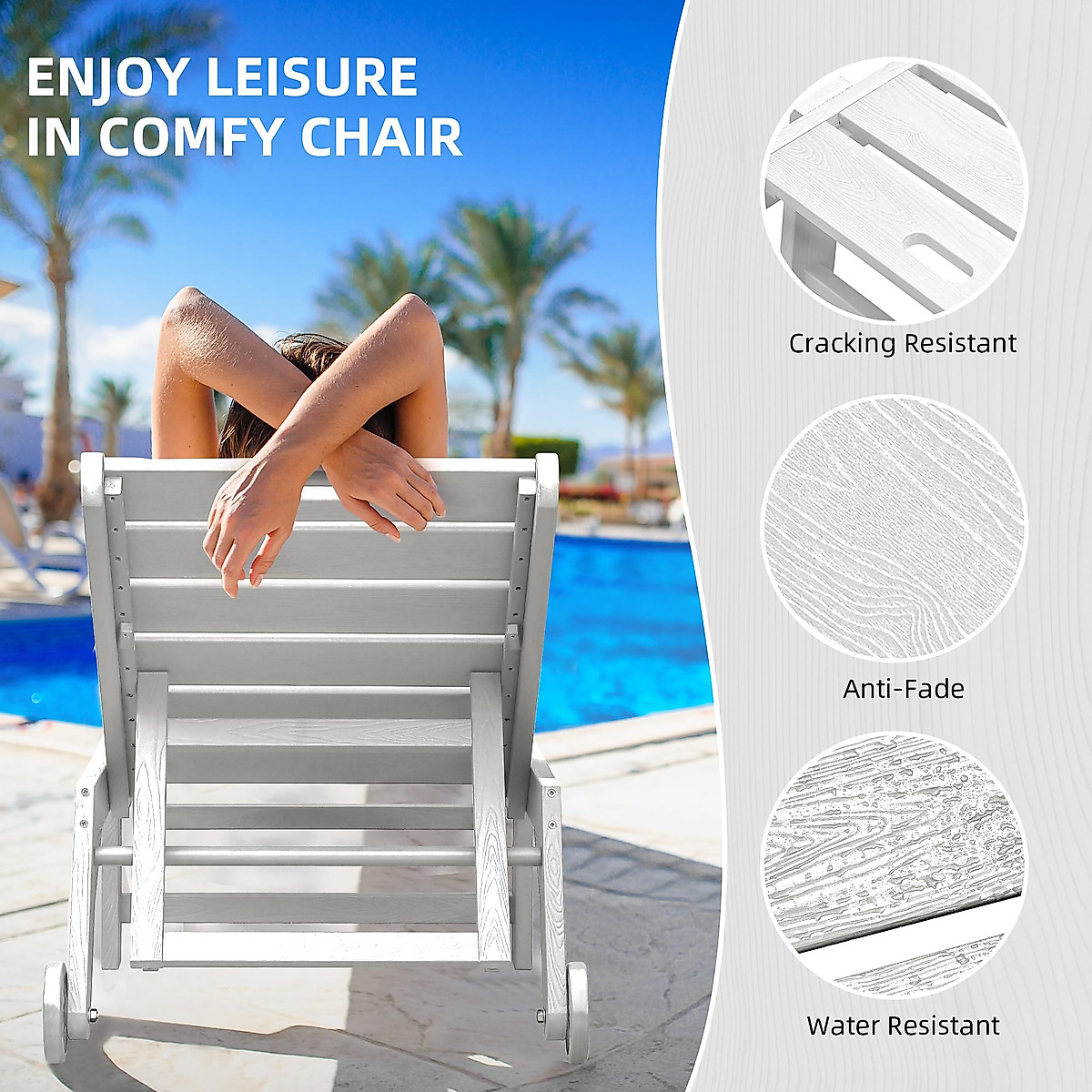 DWVO Patio Chaise Lounge Chair, HIPS Material Outdoor Lounger Recliner with Wheel, Beach Pool Sunbathing Lawn Lounger Recliner Chair with 5 Positions for All Weather, White