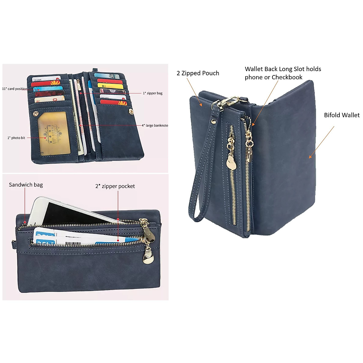 Soft Leather Long Wallet Wristlet with hand Strap Clutch Bag for Women Card holder Phone Bag (Black)