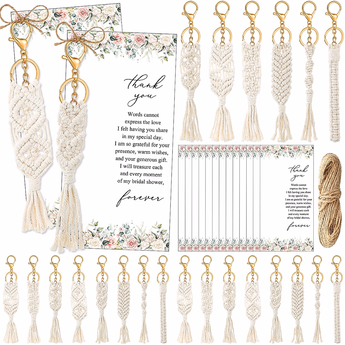 Ecation 24 Sets Bridal Shower Favors for Guests 24 Macrame Keychains Boho Keychain 24 Thank You Cards with Hemp Rope Goodie Bags Tassels Charm for Wedding Favors