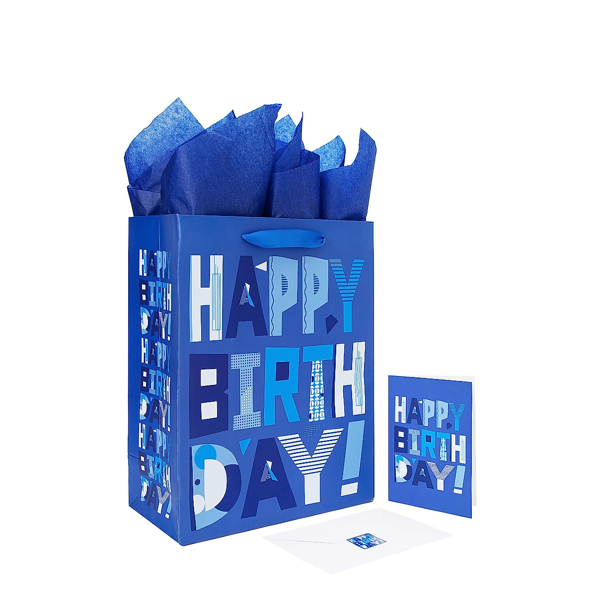 13" Large Blue Gift Bags Set with Greeting Card and Tissue Papers (Blue Happy Birthday) for Men's Birthday Party,Kids' Parties, Baby Shower, or Baby Boy - 13”x10.2”x5.2”, 1 Pcs