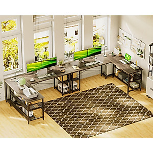 ODK 66" L Shaped Desk with Power Outlet and USB Charging Ports, Reversible L Shaped Computer Desk with Storage Shelves, Home Office Desk, Gaming Desk, Corner Desk, Grey Oak