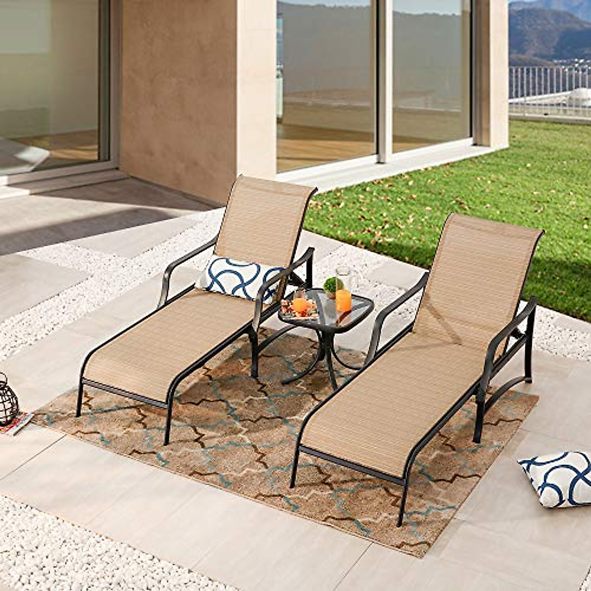 LOKATSE HOME Outdoor Patio Adjustable Metal Chaise Lounge Chair Recliner Set of 2 with 1 Glass Top Bistro Table, Beige