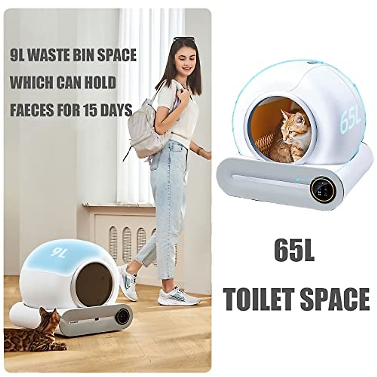 Cat Litter Box Self Cleaning, Automatic Cat Litter Cleaning Robot - Large 65L Space & Odor Removal - APP Control- for Multiple Cats