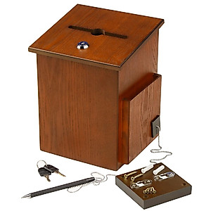 Wood Suggestion Box, Ballot Box with Side Pocket, Locking Hinged Lid and Pen, for Wall or Counter - Medium Oak (Ballots Not Included)