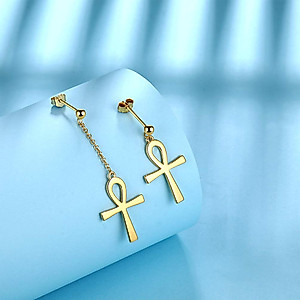 Egyptian Ankh Cross Earrings for Men Women 925 Sterling Silver Gothic Cross Dangle Earrings Ancient Symbol Key of Life Ankh Earrings Protection Jewelry Christmas Gifts for Women Mom Wife FE079Y