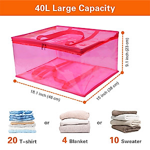 Vieshful 4 Pack Clear Clothes Storage Bag, 40L Zippered Closet Organizer, Plastic Storage Containers Moving bags for Comforter, Blanket, Bedding, Duvet, Toys, Pink