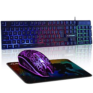 FLAGPOWER Gaming Keyboard and Mouse, Gaming Mouse Pad Combo, 3 Colors Changeable Backlit Mechanical Feeling Keyboard with 4 Colors Breathing LED Backlight Mouse for PC Laptop Computer Game and Work