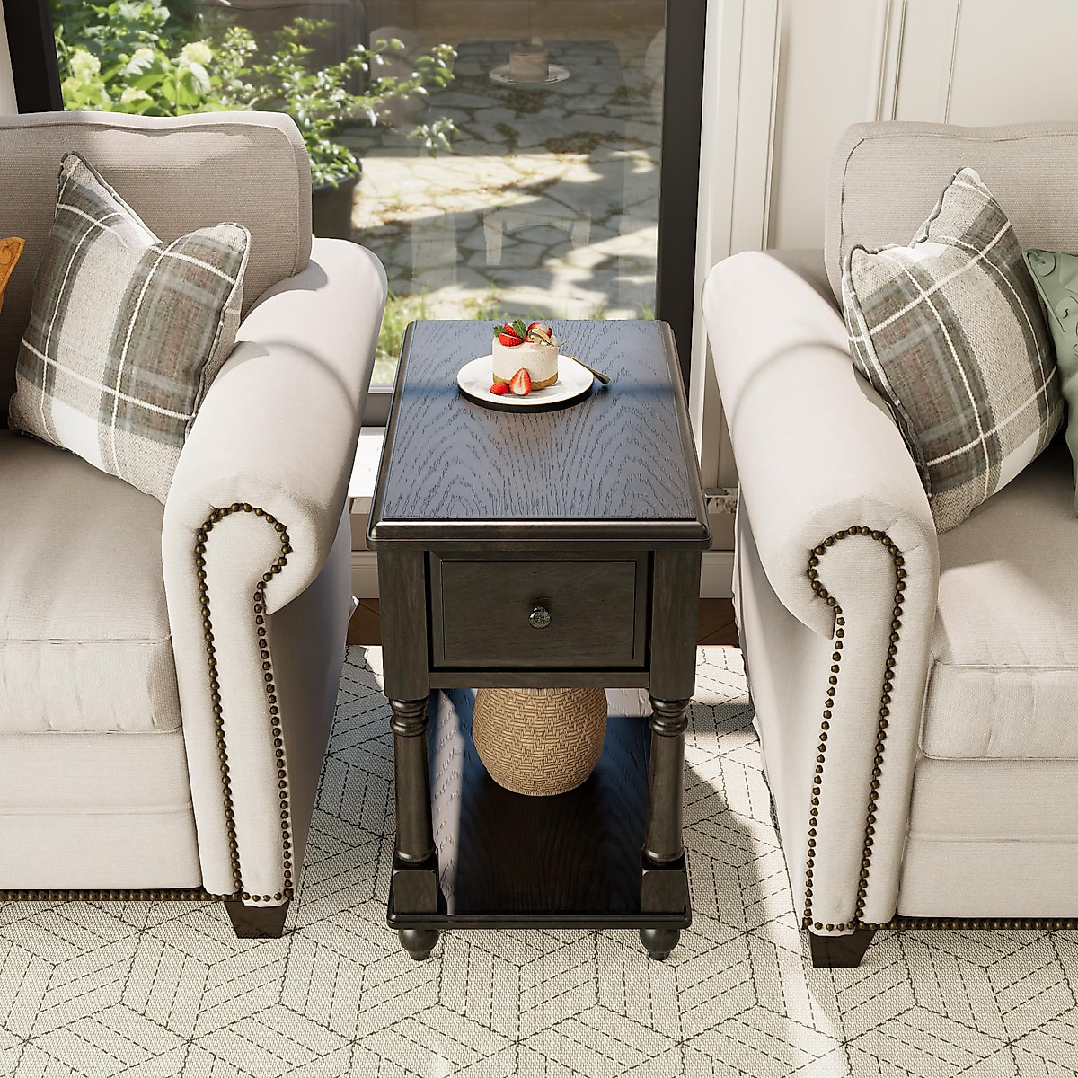 LEEMTORIG Narrow End Table with Drawer, Solid Wood 2 Tier End Side Table with Storage Shelves, Slim Nightstand for Small Spaces, Living Room, Bedroom, Easy Assembly, Rustic Black BBJ-004-BK