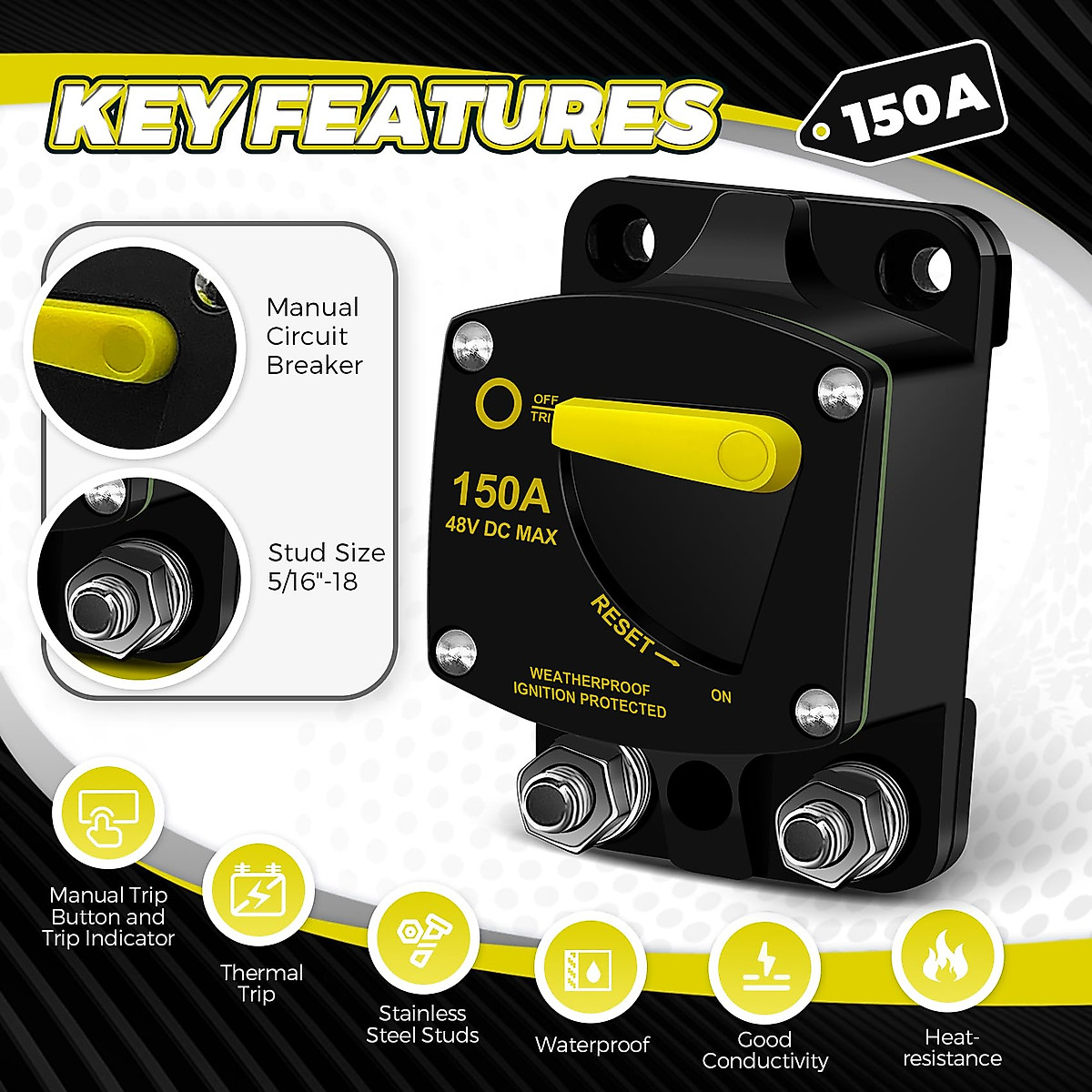 ULVACK 80 Amp Circuit Breaker for RVs Trolling Boat Marine Truck Vehicles Stereo Audio Electronic Battery Solar System, 12V-48V DC, Flush Mount Fuse Inline Holder with Manual Reset Switch Waterproof