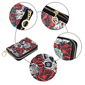 MOYYO RFID Credit Card Holder Case Vintage Sugar Skull Red Rose Leather Printed Zipper Card Case Wallet for Women Girls