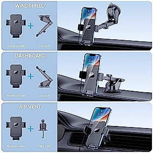 Phone Holder Car Mount for iPhone [Powerful Suction]Phone Mount for Car Dashboard Windshield Air Vent Universal Accessories [Thick Cases Friendly]Automobile Cell Phone Holder Fit for iPhone Smartphone