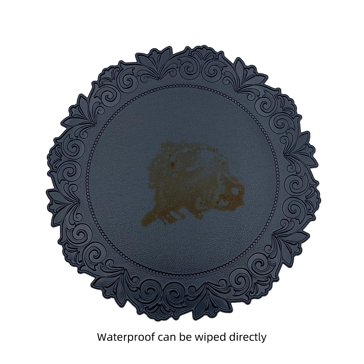 Canglifull European Embossed Waterproof Faux Leather Round Table Placemats Set of 6, Wipeable and Washable, Suitable for Round Tables, Dining Tables for Home Kitchen Decoration (Black)