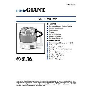 Little Giant 500203, 1-A 115 Volt, 1/200 HP, 170 GPH Small Submersible Permanently Oiled Pump for Fountain, Water Displays and Air Conditioners, 6-Foot Cord, Blue,