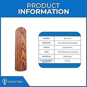 OHLECTRIC 5PCS 16 ½ Inches Fan Blades - Fan Replacement Blades For 42-inch Ceiling Fan - Substitution for Broken Blades - High-Performance Ceiling Fan Blades - Indoor Use, Oak/Walnut - OL-40489