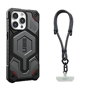 URBAN ARMOR GEAR UAG Designed for iPhone 15 Pro Max Case Monarch Pro Kevlar Silver 6.7" Bundle with UAG Civilian Phone Lanyard Adjustable Wrist Strap Graphite/Black