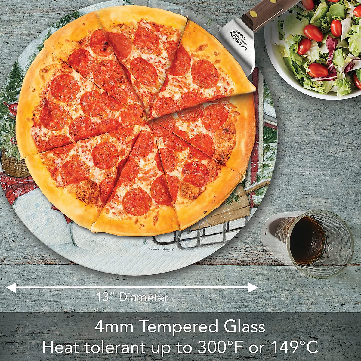 CounterArt Snowman's Farmhouse 4mm Heat Tolerant Tempered Glass Lazy Susan Turntable 13" Diameter Cake Plate Condiment Caddy Pizza Server