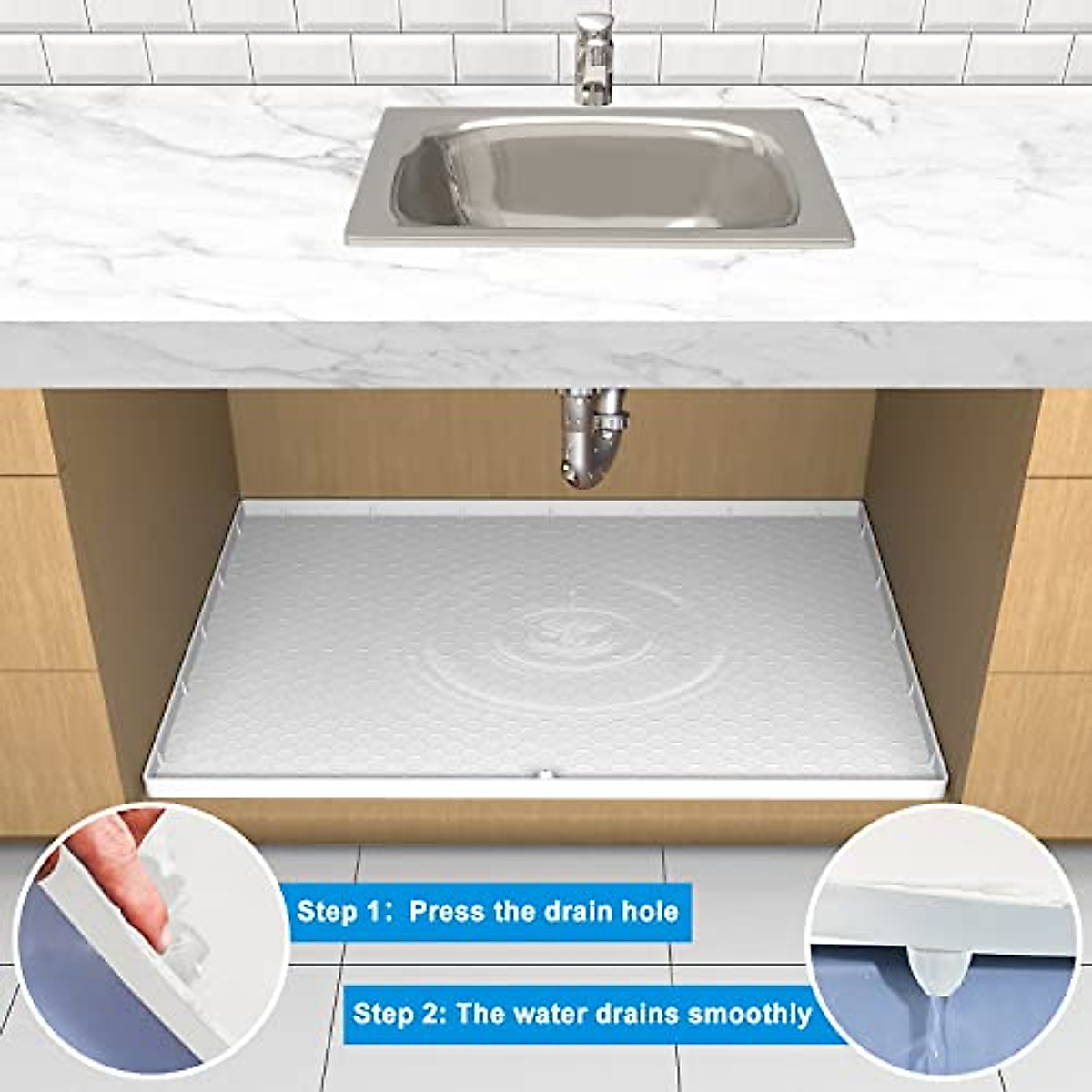 AECHY Under Sink Mat, 34" x 22" Silicone Under Sink Liner, Under Kitchen Sink Mat with Unique Drain Hole Design, Waterproof & Flexible Sink Mats for Kitchen, Bathroom and Laundry Room White