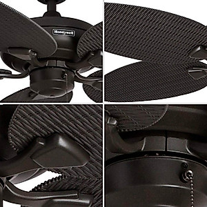 Honeywell Ceiling Fans Duval 52 Inch Ceiling Fan, Quick 2 Hang Indoor/Outdoor Ceiling Fan with Pull Chain, Tri-Mount 5 Blade Tropical Design, ETL Damp Rated, Bronze (50201-01)