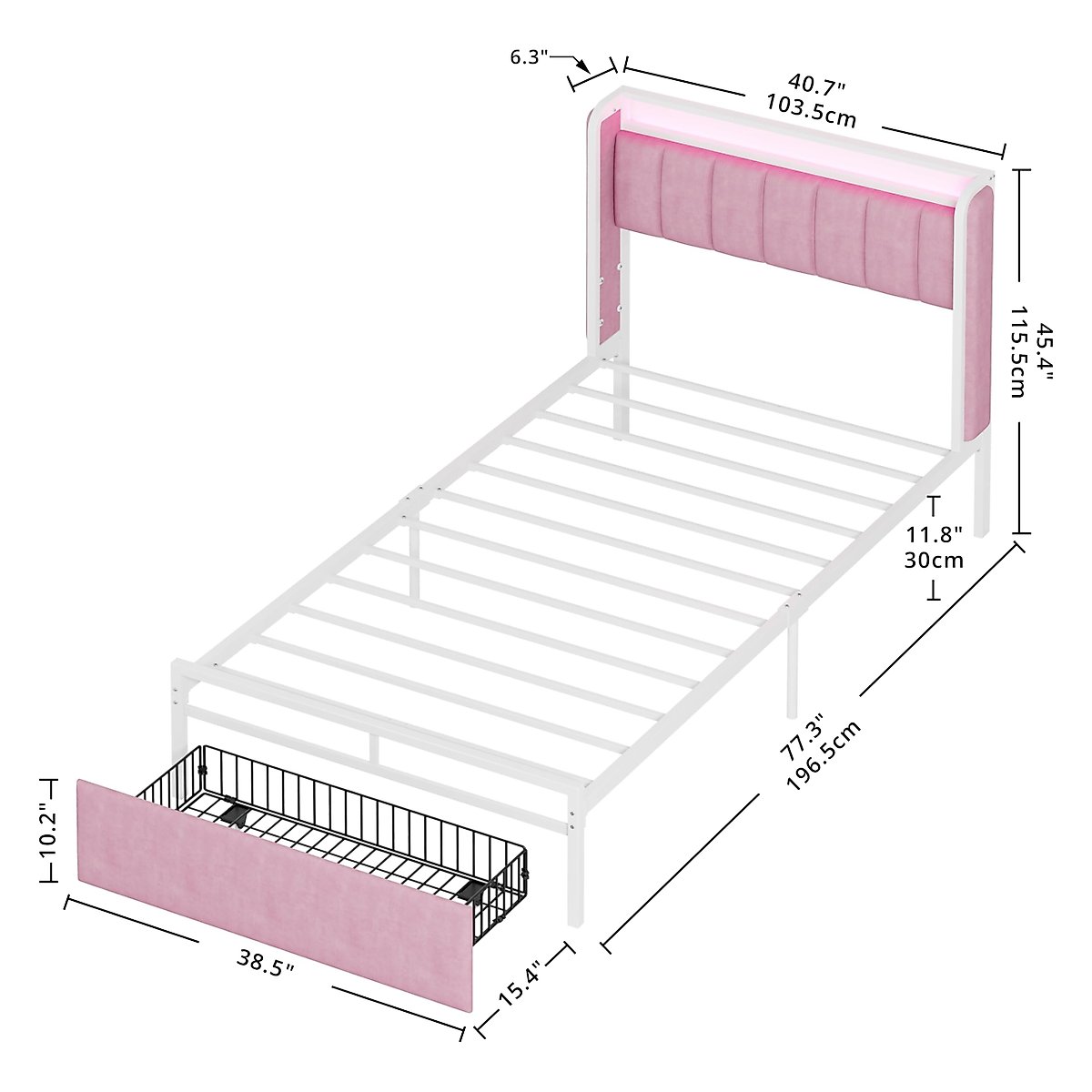 LIKIMIO Twin Size Bed Frame with Armrests Headboard & RGB Light, Upholstered Twin Size Bed Platform with Drawers, No Box Spring Needed, Study & No Noise, Modern Pink