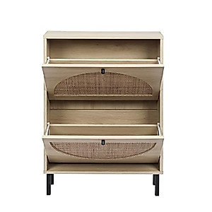 Natural Rattan Shoe Cabinet with 2 Flip Drawers, Free Standing Shoe Racks Storage Cabinet with Metal Legs, Shoe Organizers Entrance Hallway Shoe Rack Cabinet for Heels, Boots, Slippers (Natural)
