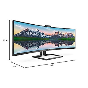 PHILIPS Brilliance 499P9H 49" SuperWide Curved Monitor, Dual QHD 5120x1440 32:9, USB-C Docking, KVM Switch, HDMI/DisplayPort, Windows Hello Pop-Up Webcam, SmartErgoBase, LightSensor