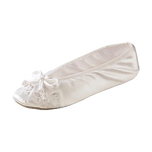 isotoner womens Satin Ballerina Slippers With Embroidered Pearl Ballet Flat, White, 6.5-7.5 US