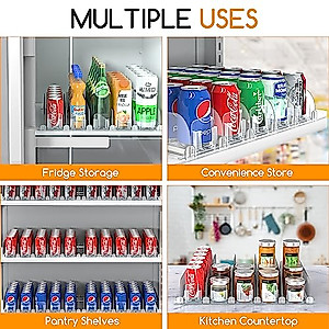 Drink Organizer for Fridge: Self Pushing Soda Can Dispenser for Refrigerator with Double Spring Beverage Pusher Glide Width Adjustable Soda Can Organizer for Kitchen Pantry White 3 Rows