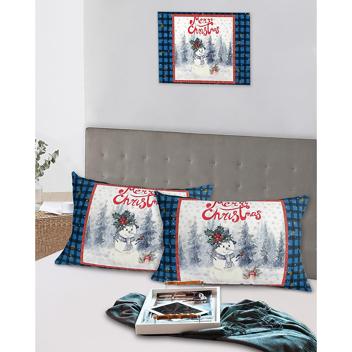 Christmas Plaid Snowman Pillow Covers King Standard Set of 2 20x36 Bed Pillow, Plush Soft Comfort for Hair/ Skin Cooling Pillowcases with Envelop Closure Throw Covers Buffalo Snowflake Snow Tree