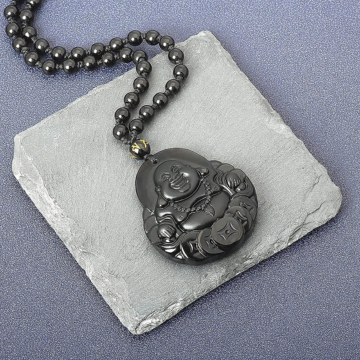 ASGIFT Laughing Buddha Necklace Black Obsidian Buddha Pendant with Adjustable Bead Chain Large Lucky Buddah Necklaces Jewelry for Men Women