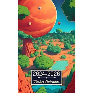 Pocket Calendar 2024-2026: Two-Year Monthly Planner for Purse , 36 Months from January 2024 to December 2026 | Mars planet cartoons | Trees | Coloring book style