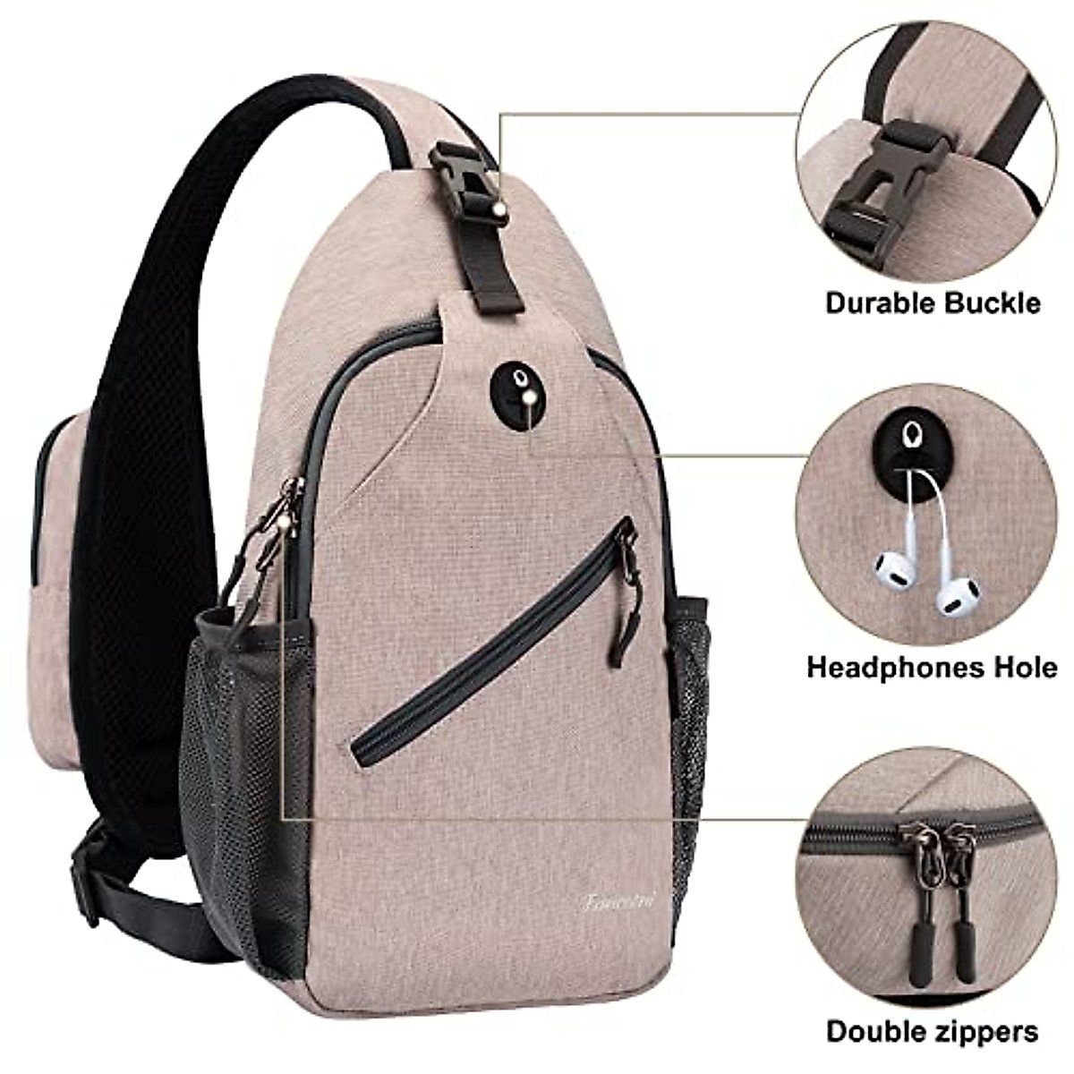 Fancosni Sling Bags for Women Men, Crossbody Sling Backpack, Chest Bag Lightweight Shoulder Bag, Multipurpose Sling Bag for Travel, Hiking, Shopping, Walking, Biking, Cycling, Earphone Hole, Beige