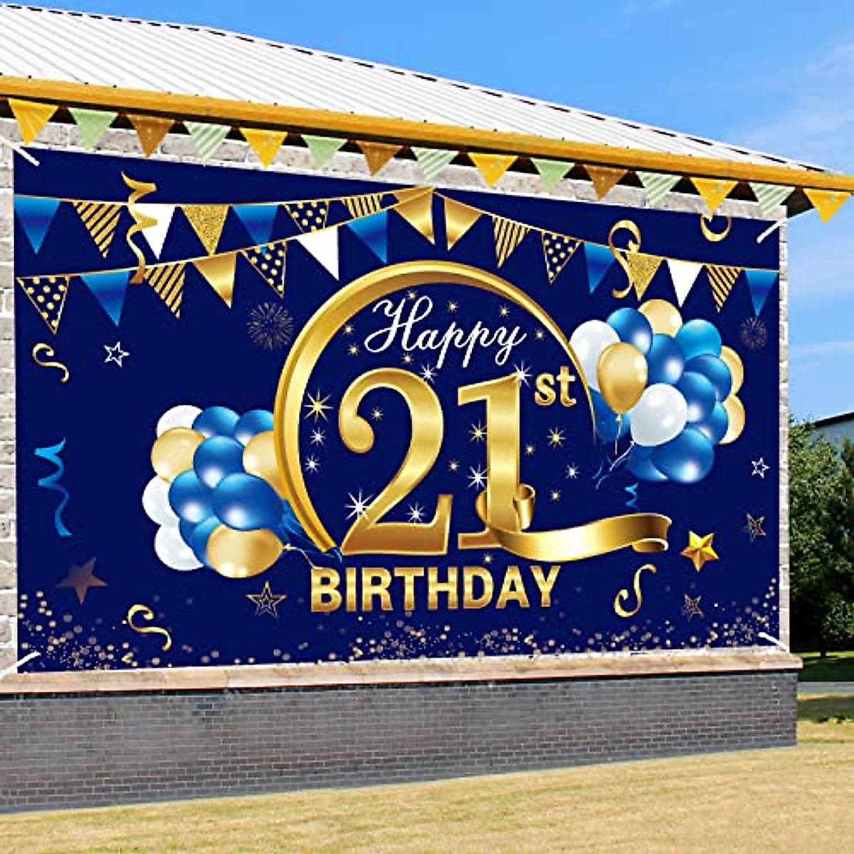 Happy 21st Birthday Banner Decorations for Boy, Blue Gold 21 Birthday Backdrop Party Supplies, 21 Year Old Birthday Photo Background Sign Decor