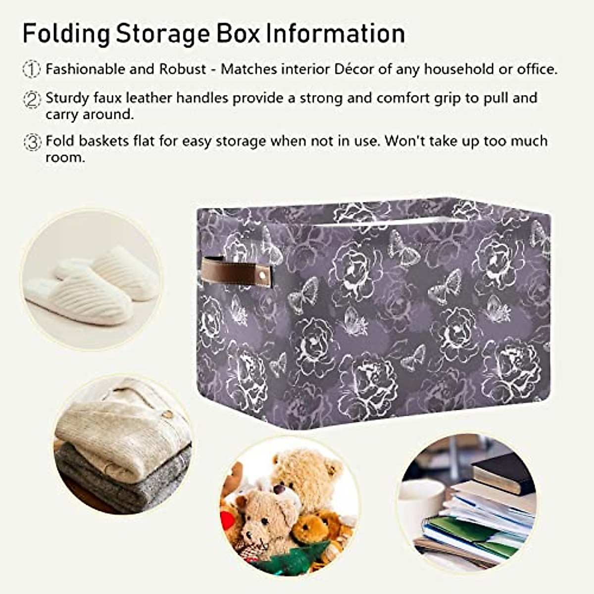Kigai Roses Butterflies Storage Bins for Shelves, Storage Basket with Double Handle, Foldable Storage Cubes with Metal Frame, Rectangular Closet Organizer Containers for Home Bedroom
