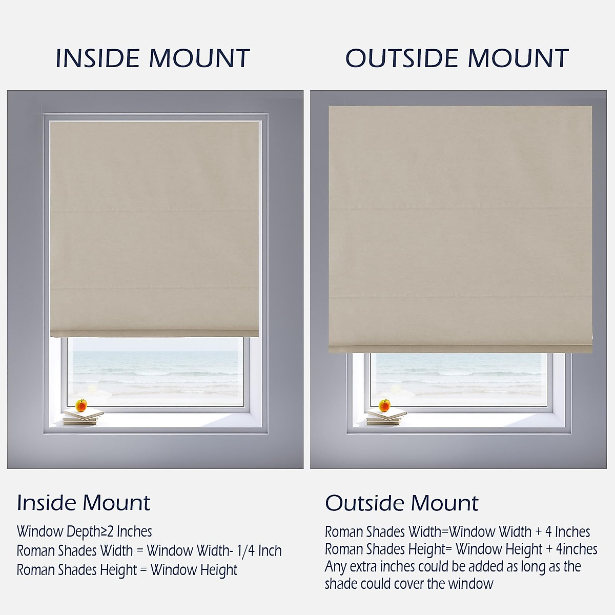 Beige Grey Roman Shades for Windows, Premium Fabric Blackout Roman Shades Window Blinds for Doors, French Doors, Bathroom, Kitchens