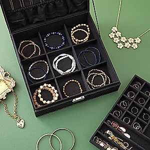 Black Jewelry Box with Lock and Key, 2 Layer Travel Display Case and Storage Organizer with Removable Tray for Earrings, Men, Girls, and Women (10.5x10.5x3.5 in)