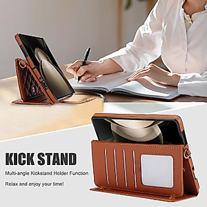 Compatible with Samsung Galaxy Z Fold 5 5G Wallet Case, Luxury Fashion PU Leather Case with S Pen Holder Card Holder Pocket Crossbody Lanyard Wrist Strap Kickstand, Phone Case for Women Girls Brown