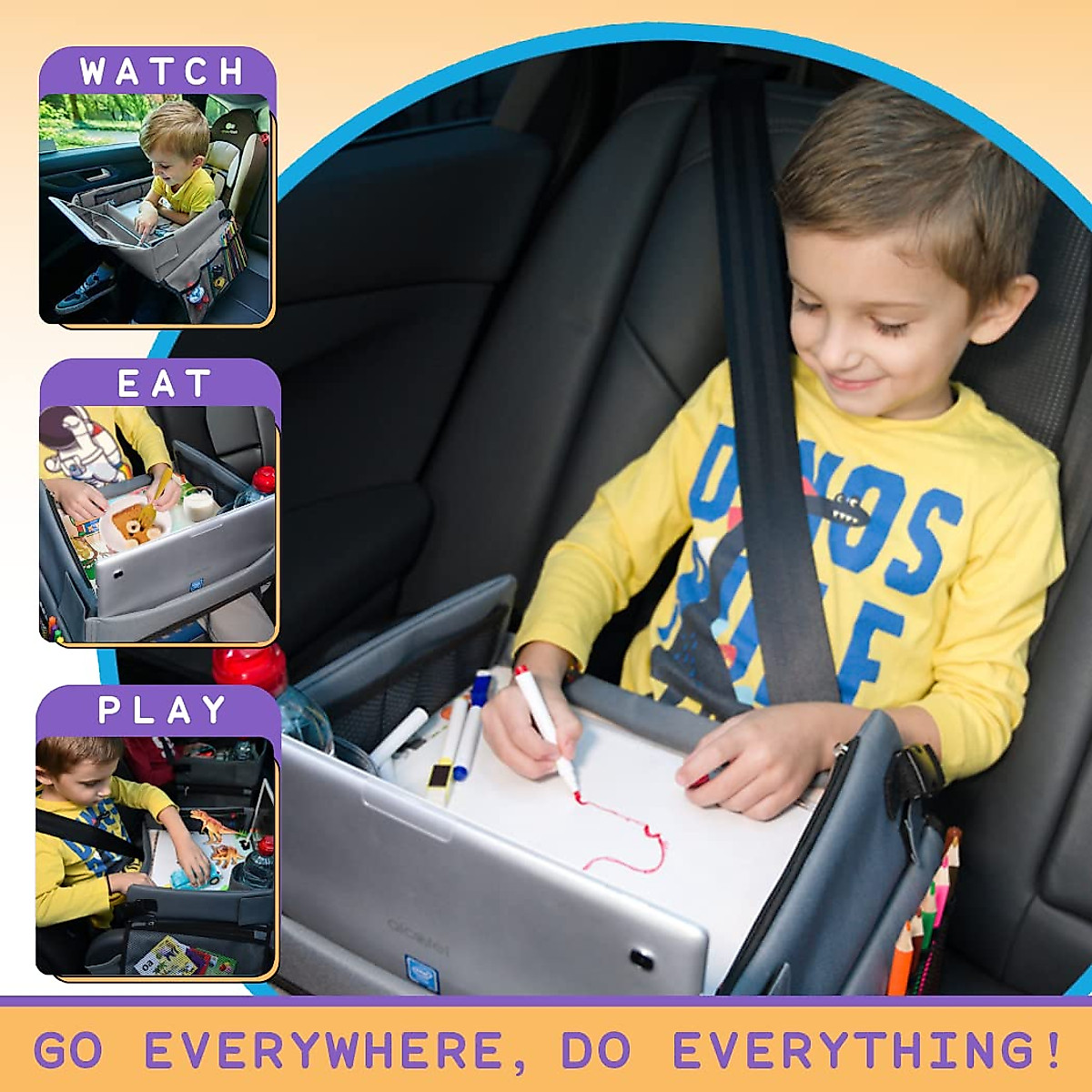 Kids Travel Tray, Carseat Tray for Kids Travel, Road Trip Essentials Kids Car Tray, Car Seat Tray & Kids Lap Tray - Keeps Children Entertained | Portable & Foldable Car Seat Table Tray for Kids