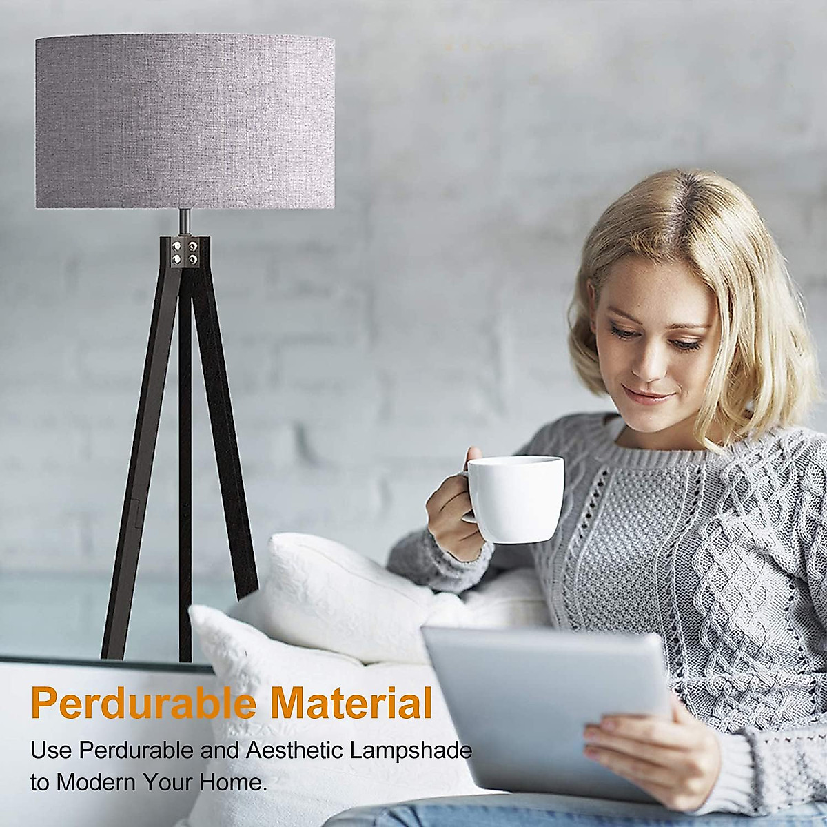 LEPOWER Wood Tripod Floor Lamp, Mid Century Standing Lamp, Modern Design Standing Lamp for Living Room, Bedroom, Study Room and Office, Flaxen Lamp Shade with E26 Lamp Base